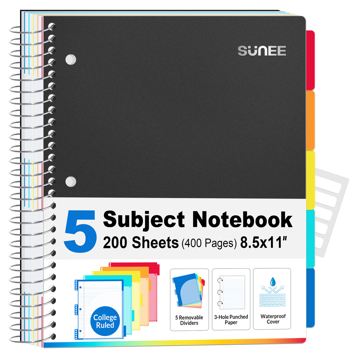 SUNEE 5 Subject Notebook - 200 Sheets/400 Pages, 8.5"x11", 5 Pocket Co
