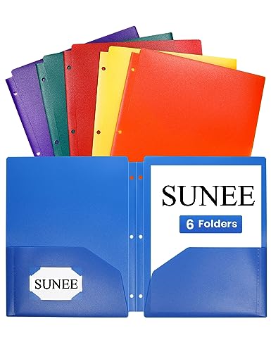 SUNEE 3 Hole Plastic Pocket Folders - 6 Packs