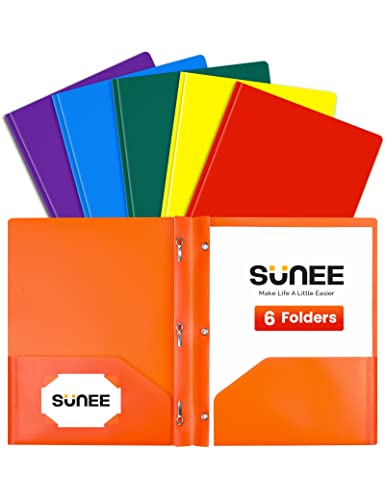 SUNEE 3-Prong Plastic Folders with 2 Pockets - 6 Packs
