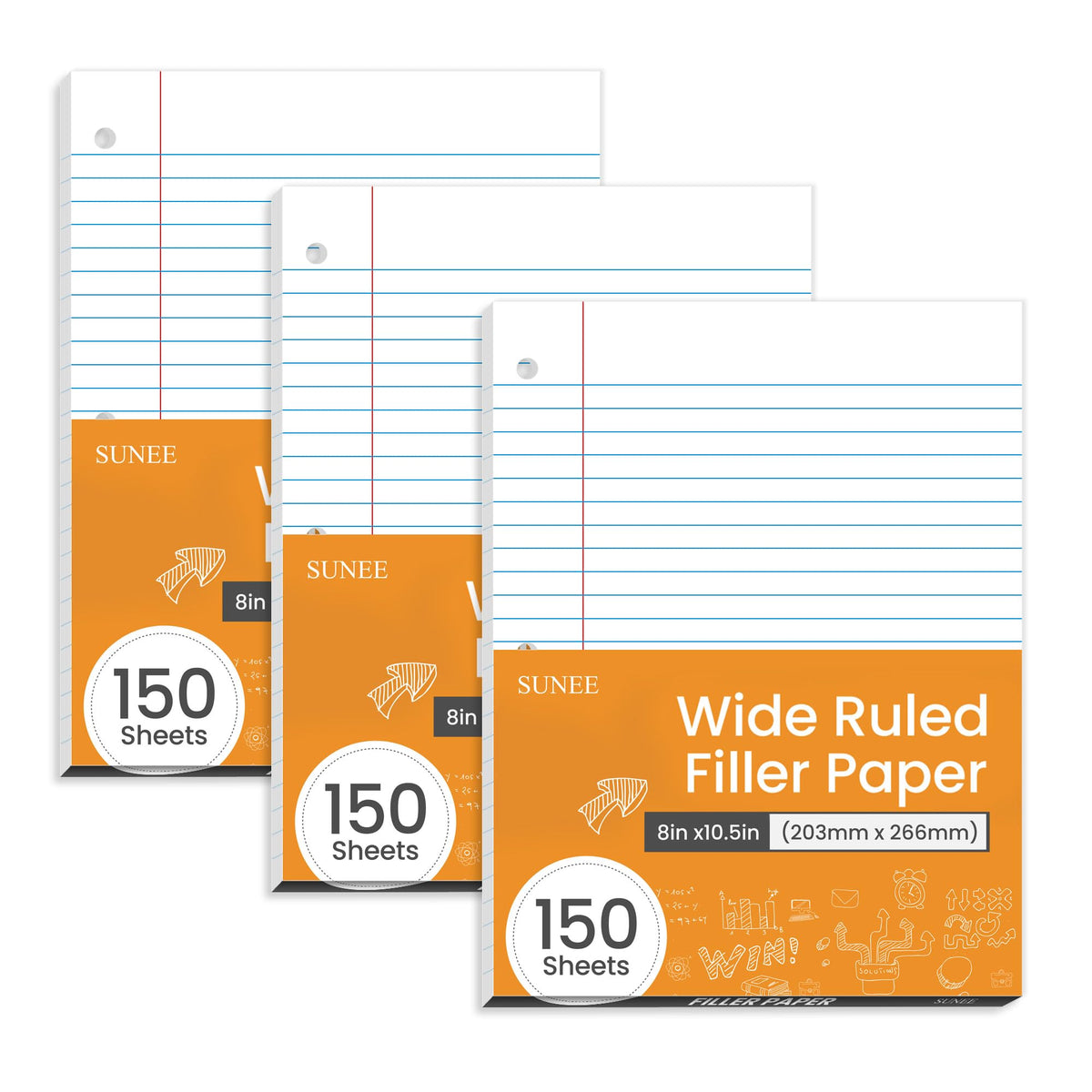 SUNEE Loose Leaf Paper, 450 Sheets, 3 Pack Wide Ruled Paper, 8 x 10-1/