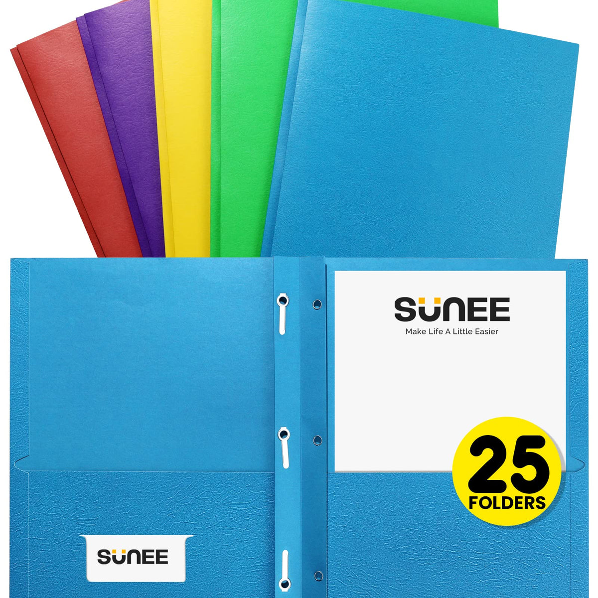 SUNEE 2 Pocket Paper Folders with 3 Prongs - 25 Packs