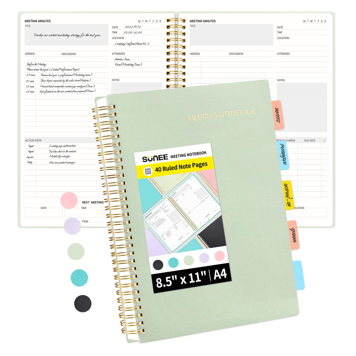 SUNEE Meeting Notebook for Work with Sticky Tabs - 160 Pages, A4 Size